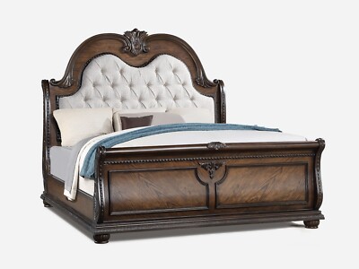 Traditional Luxury 1pc Coffee Brown King Tufted Formal Bed Solid Wood ...