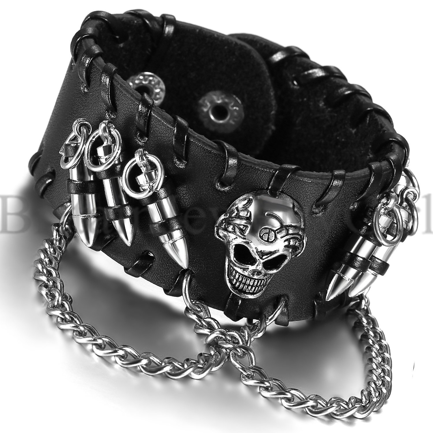 Punk Rock Mens Black Wide Leather Cuff Skull Lion Bullet Studded Chain ...