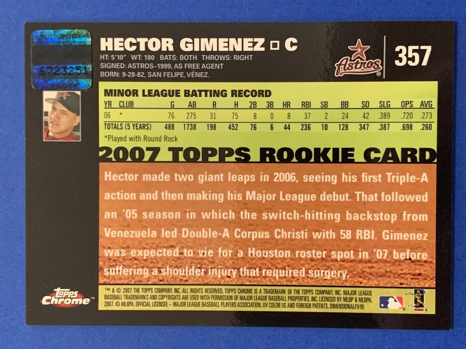 HECTOR GIMENEZ Signed 2007 Topps Chrome #357 ASTROS-DODGERS-SOX ...