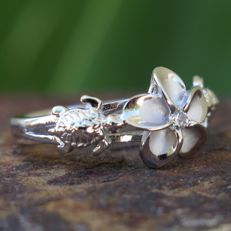 Hawaiian Sterling Silver Honu Turtle Plumeria Flower CZ Wedding Ring ...