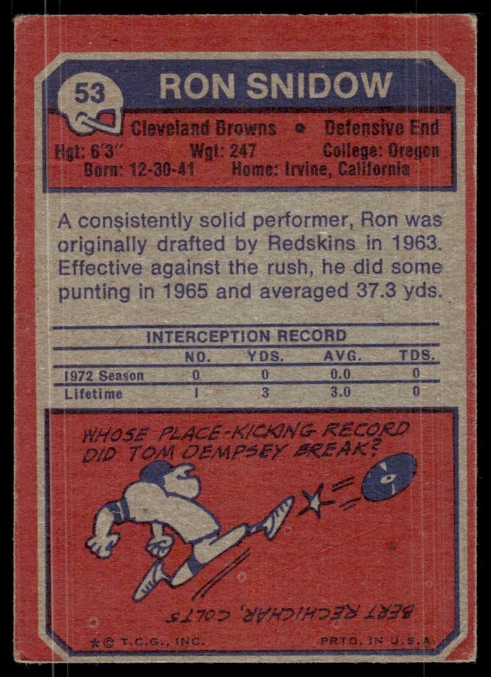 1973 TOPPS RON SNIDOW CLEVELAND BROWNS #53 | eBay