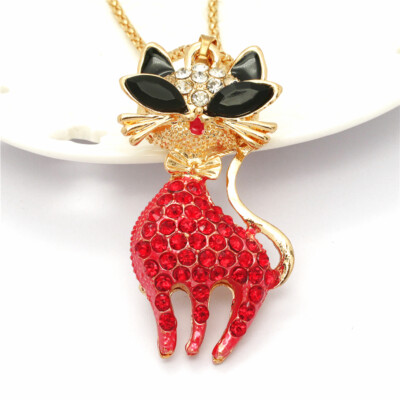New Fashion Women Fashion Cute Red Crystal Tie Cat Pendant Chain Lady ...