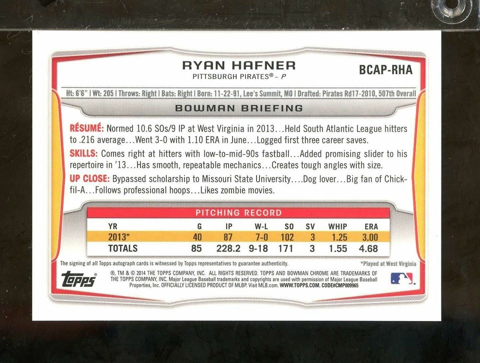 2014 Bowman Chrome RYAN HAFNER Auto SP RC Pittsburgh Pirates (JU29) | eBay