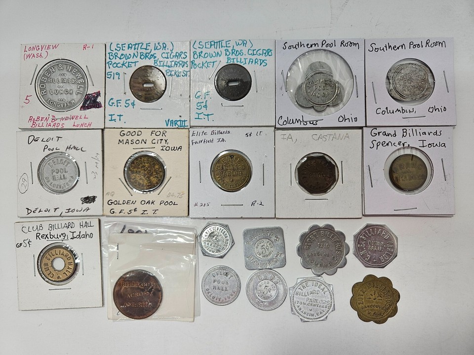 ~20 DIFFERENT US Billiard and Pool trade tokens 6 states Billiard ...