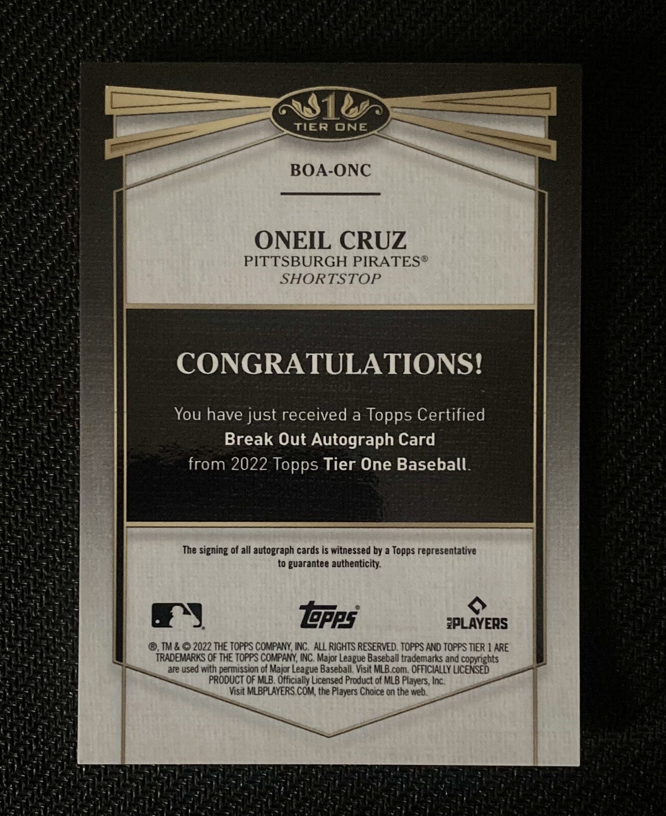 2022 Topps Tier One 1 Oneil Cruz Pirates Breakout RC Auto Autograph ...