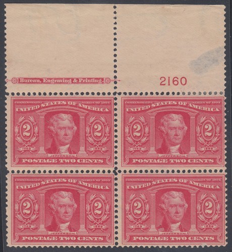 US Stamp #324 F H Plate Block of 4, Top Right Selvege Thinned CV $202 ...