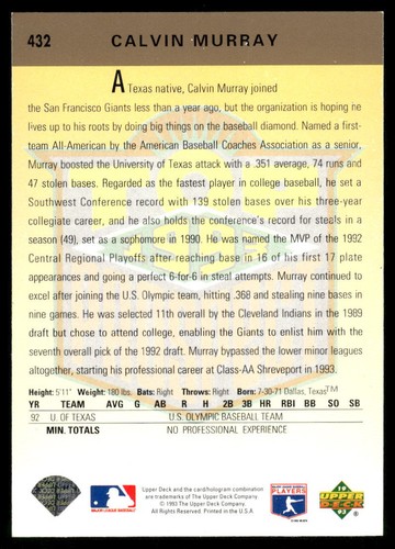 Calvin Murray 1993 Upper Deck San Francisco Giants #432 Near Mint or ...