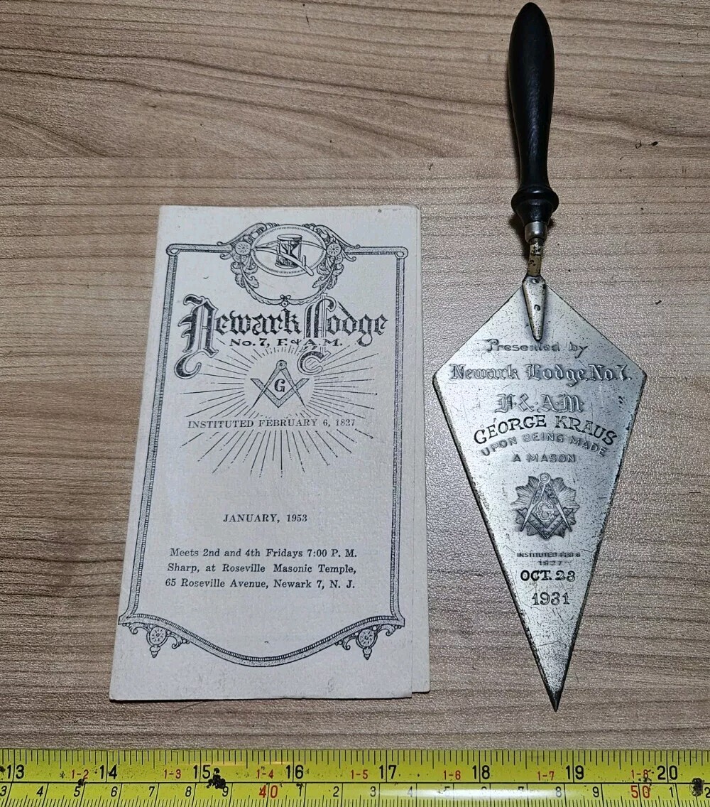 Vintage 1931 George Kraus Newark Lodge No. 7 Masonic Metal Wood Trowel ...