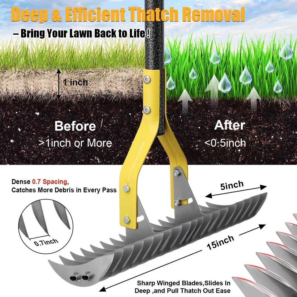 Heavy Duty Thatch Rake for Lawns -15"Dual-Action Dethatcher Thatching ...