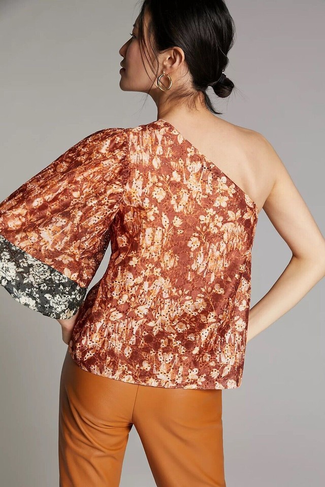 NEW Eyelet Black Brown ANTHROPOLOGIE One Shoulder One Sleeve Blouse Top ...
