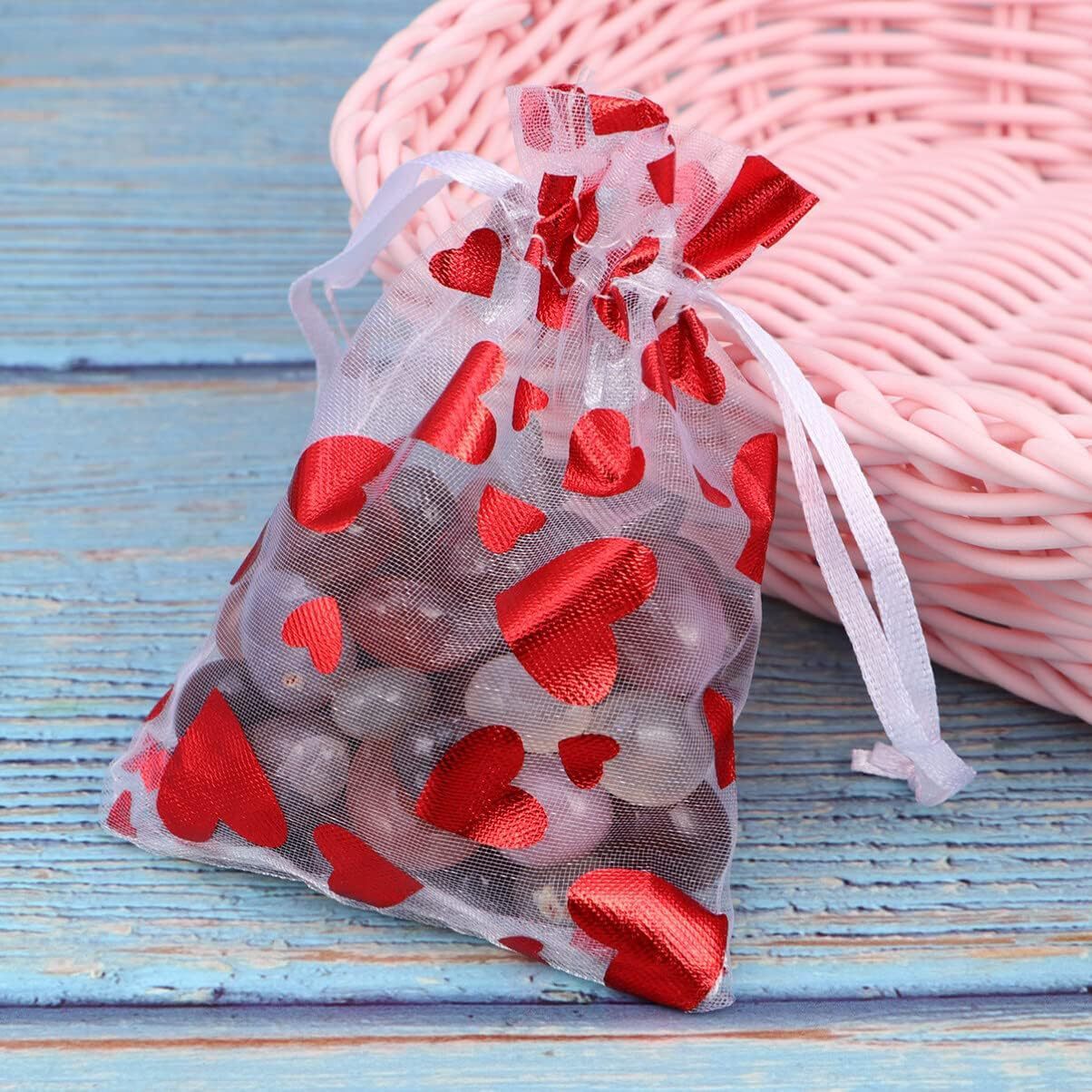 100pcs Sheer Mesh Tulle Bags Gift Pouches Heart Pattern Packaging Sweet ...