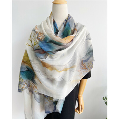 100% Boutique Cashmere Wrap Scarf Landscape Painting Print Ring Shawl ...