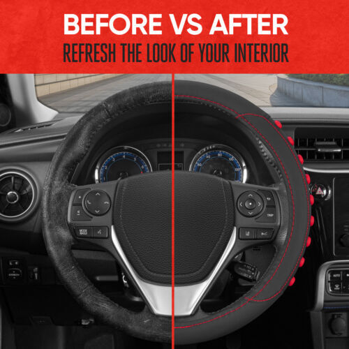 Motor Trend Black Leather Steering Wheel Covers with Red Traction Bumps ...