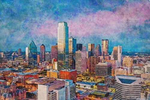 Dallas skyline watercolor, TX canvas watercolor, Dallas watercolor ...