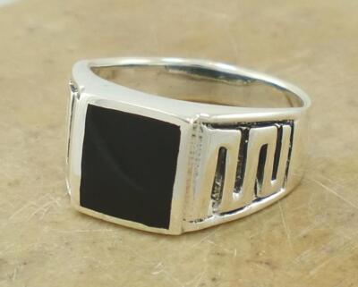 EXOTIC MEN'S .925 STERLING SILVER AZTEC PATTERN ONYX RING size 13 style ...