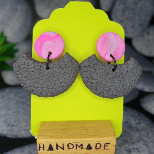 🧡 FLURO PINK DARK GREY TEXTURE DANGLE POLYMER CLAY EARRING HANDMADE ...