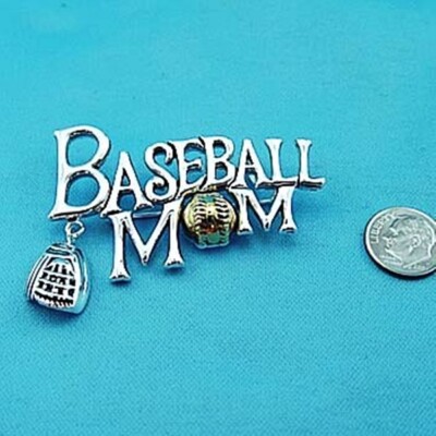 Silver Baseball Mom Pin with Dangling Mitt and Gold Ball - 2 3/8 inch ...
