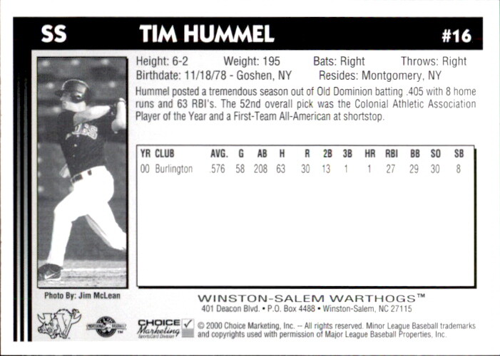 2000 Winston-Salem Warthogs Update Choice #16 Tim Hummel Montgomery New ...
