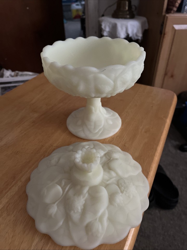 Fenton Lime Green Lidded Compote Water Lily Design With Uranium Glow | eBay