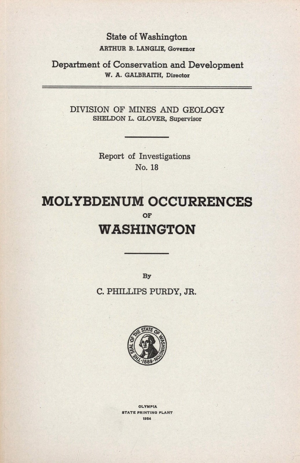 Molybdenum Occurrences of Washington by C. Phillips Purdy, Jr. | eBay