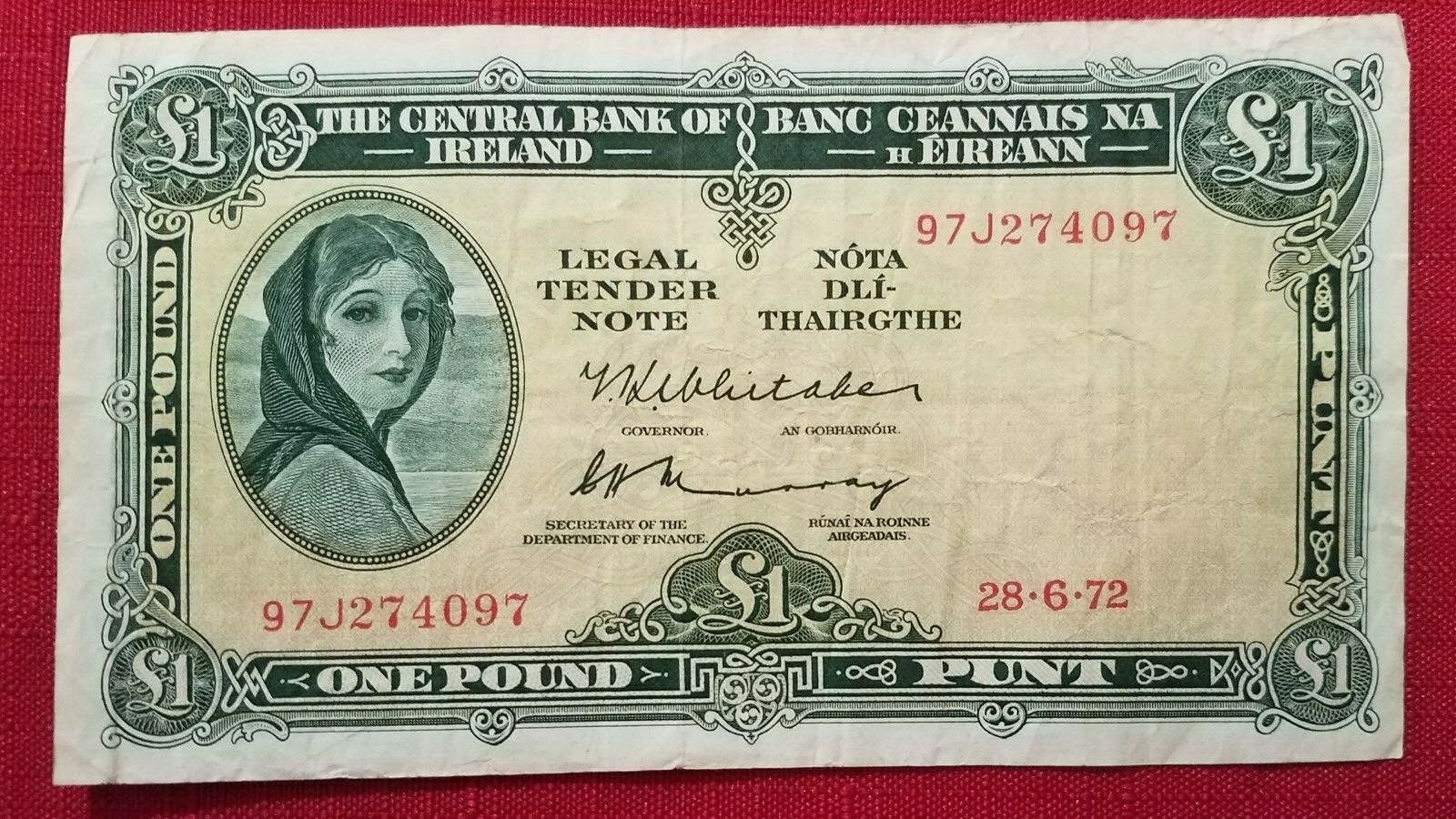 Central Bank of Ireland, £1 One Pound Note,1972, Prefix 97J2, LADY ...