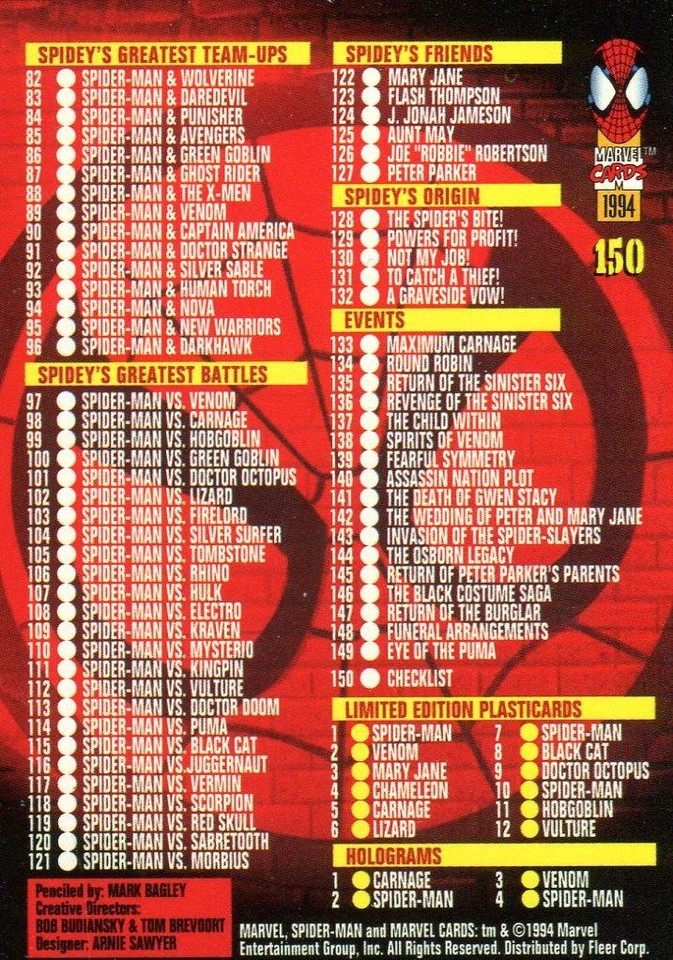 Amazing Spider-Man Comic Base Card Set 150 Cards 1994 Fleer | eBay