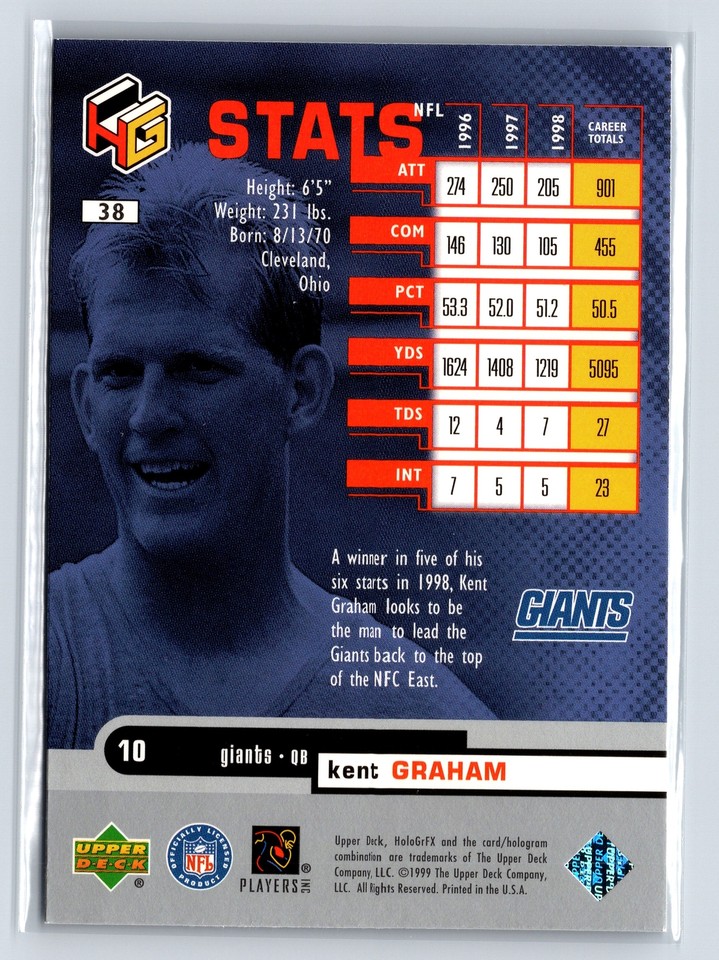 1999 Upper Deck HoloGrFX Kent Graham #38 New York Giants | eBay