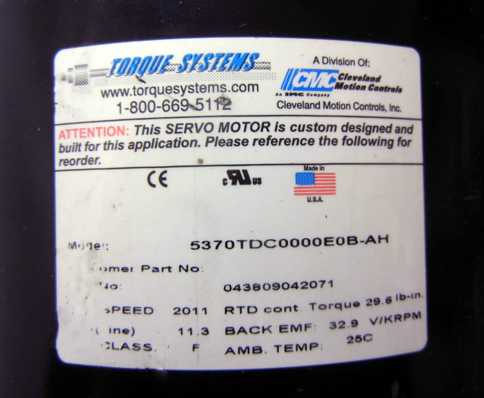 TORQUE SYSTEMS 3/4 HP 5370 DC SERVO MOTOR w/ WINSMITH 3MCT GEAR REDUCER ...