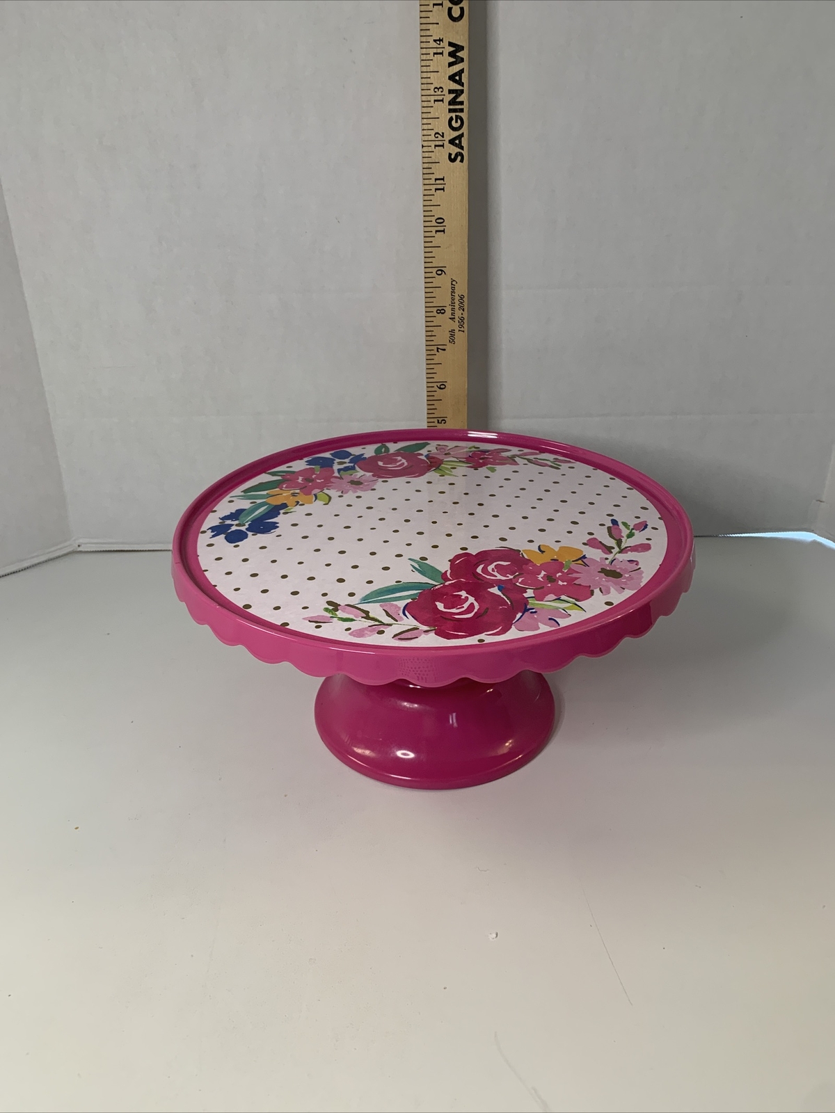 Pioneer Women 10.5” Melamine Pie/Cake Stand/Plate Pink Floral Scalloped ...