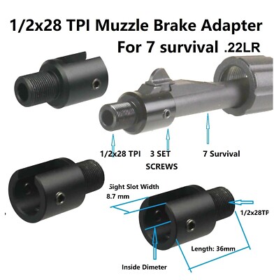 Aluminum Black 1/2“x28 1/2-28 TPI Survival 7 .22LR Muzzle Brake Adapter ...