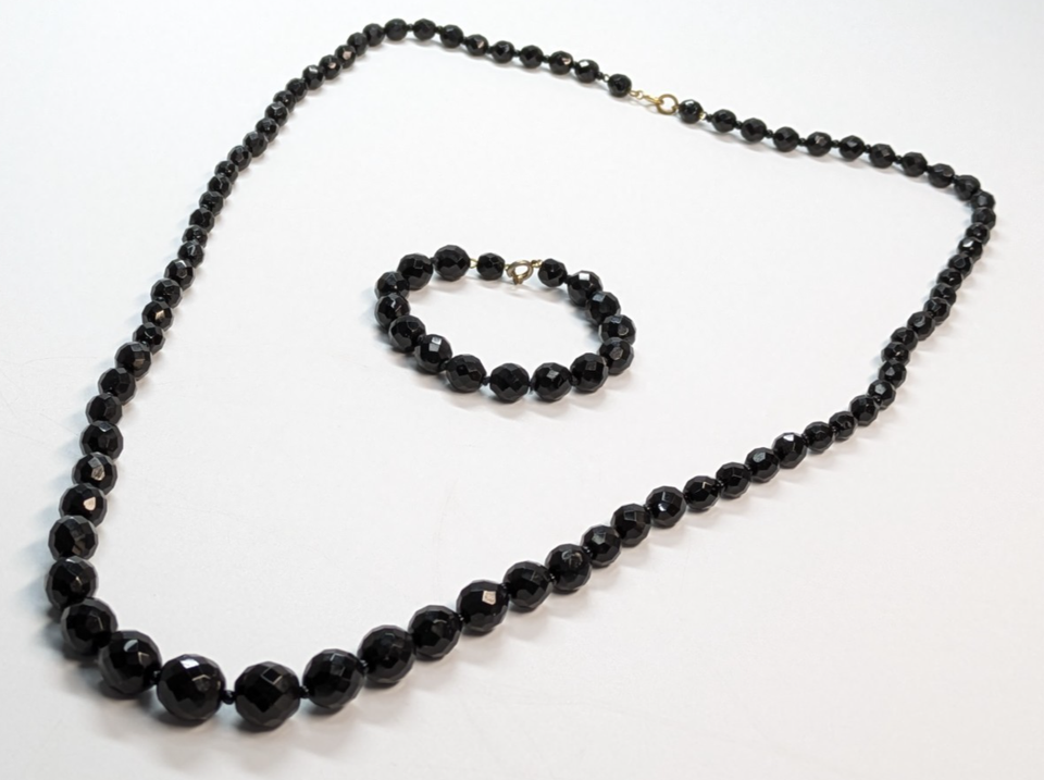 VTG French Jet Black Glass Faceted Beaded Graduated Necklace & Bracelet ...