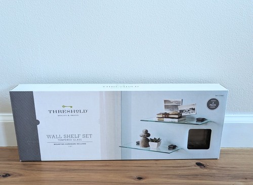 NEW 2 pcs 16" Glass Wall Ledge Shelves Set with Modern Mounting Blocks ...