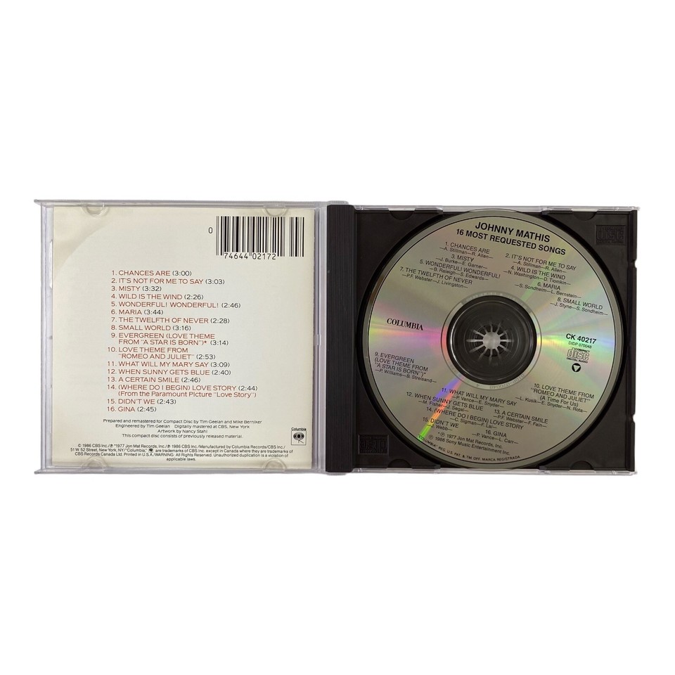 Johnny Mathis: 16 Most Requested Songs (CD, 1986 CBS) Traditional Pop ...