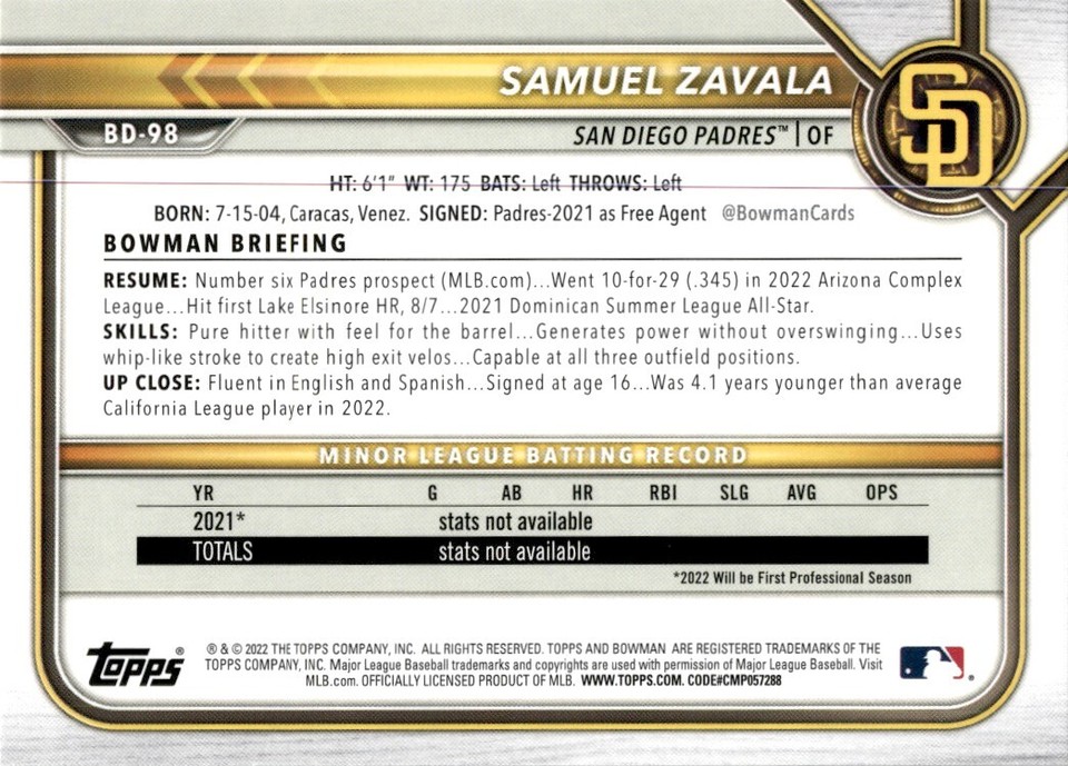 2022 Bowman Draft Baseball Samuel Zavala Rookie San Diego Padres #BD-98 ...