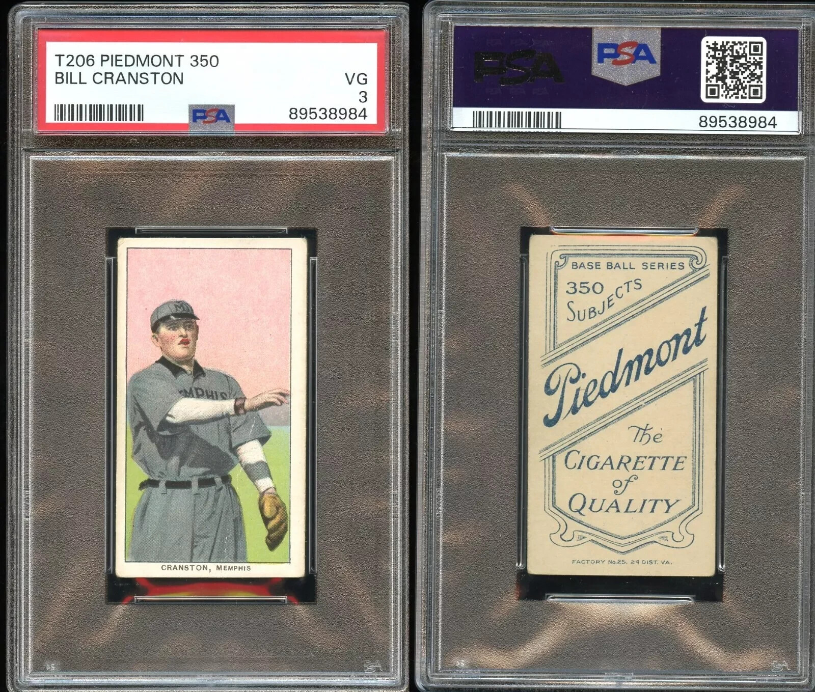 1909-11 T206 Bill Cranston Memphis Southern League SL Piedmont 350 PSA ...