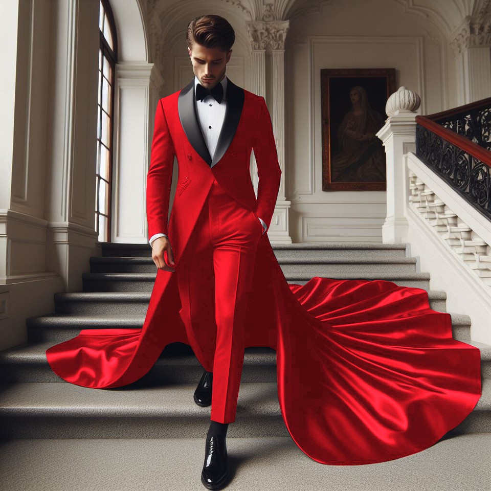 Men's Formal Suits with Floor Length Cloaks Red Banquets Wedding Groom ...