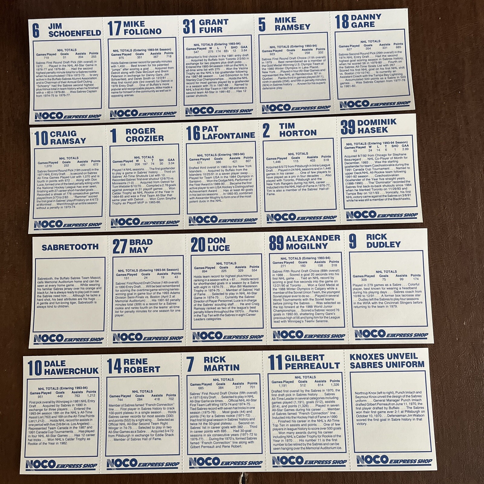 1993-1994 NHL Buffalo Sabres Team Set Noco Express Perforated Sheets | eBay
