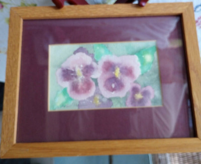 1990 Royal pansies Art print wood frame and glass signed Joy Hart Feld ...