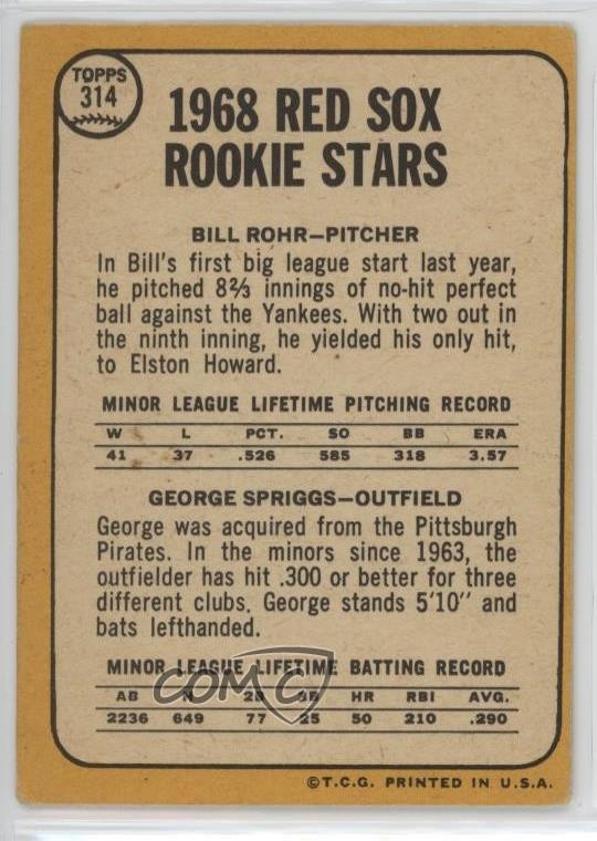 1968 Topps 1968 Rookie Stars Billy Rohr Bill Rohr George Spriggs #314 ...