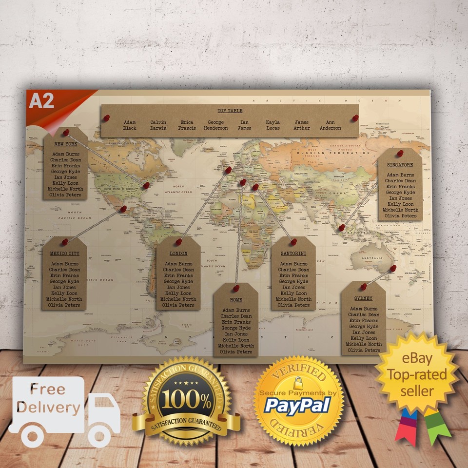 Personalised Travel World Map Wedding Table Plan / Seating Plan Large ...