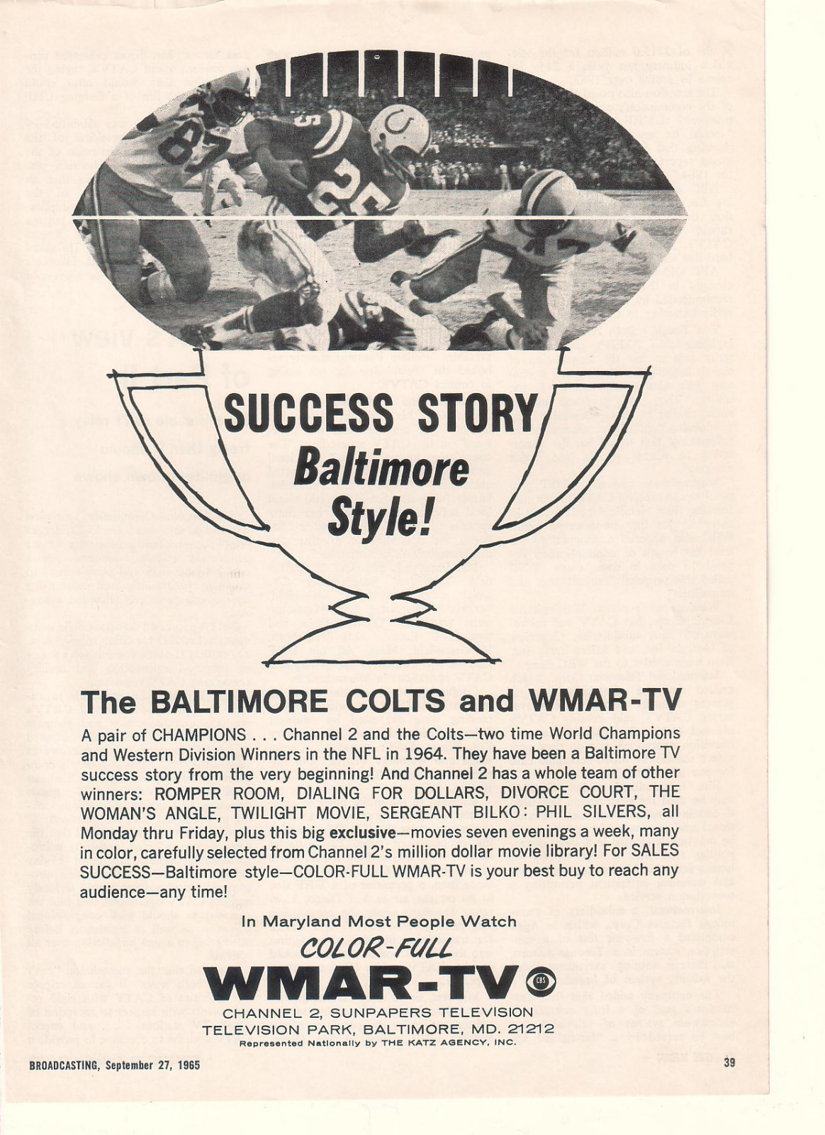 Baltimore Colts and WMAR-TV 1965 Ad- Success Story/a pair of champions ...
