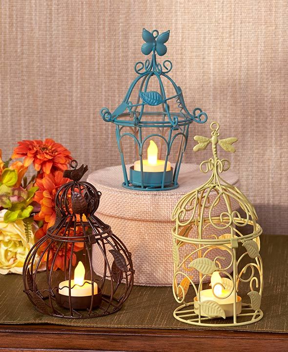 Blue Brown Green Hanging LED Tea Light Holders Metal Caged Shape 3 ...