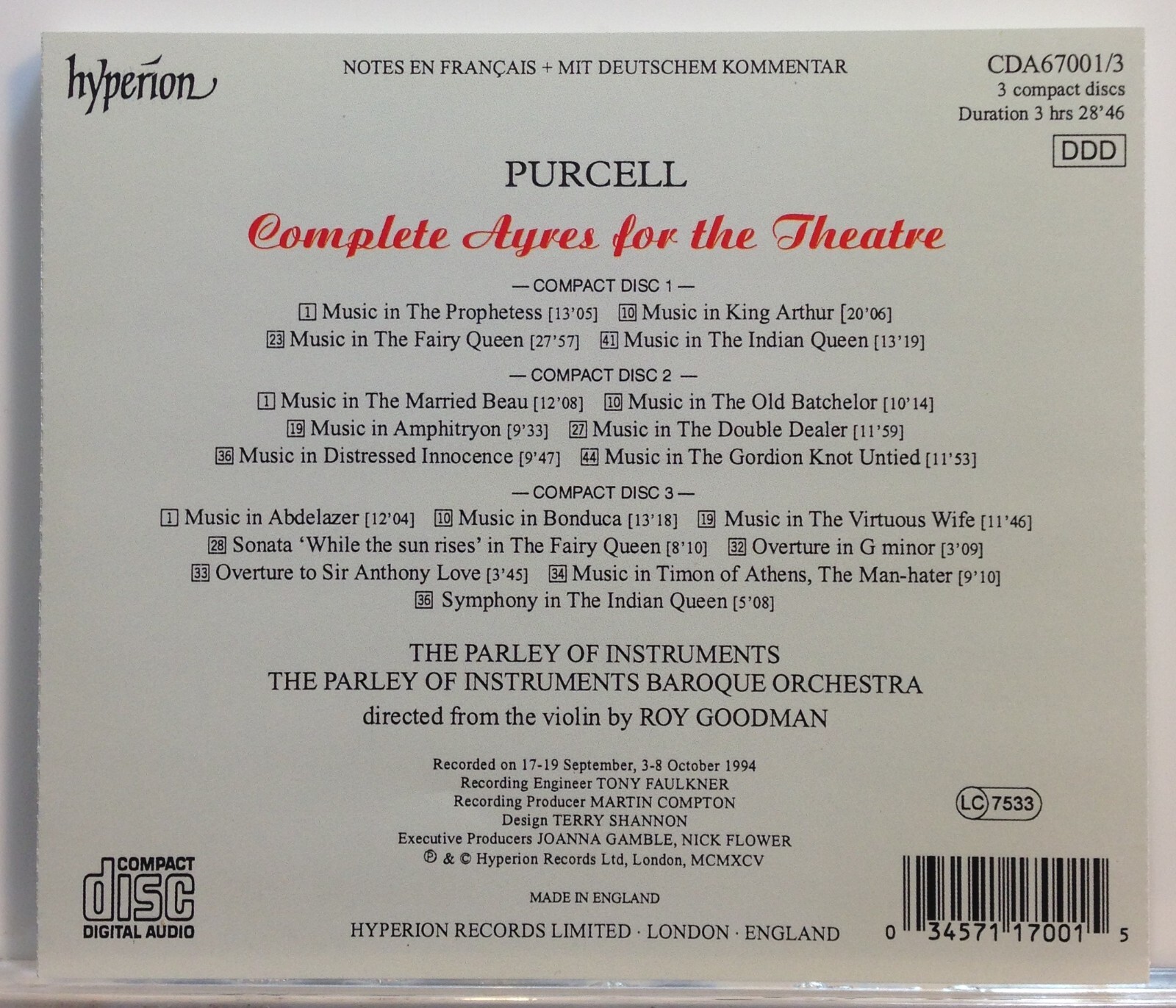 Purcell : Complete Ayres for the Theatre (3 CD Set 1995 Hyperion) *Like ...