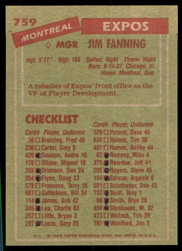 1985 Topps Jim Fanning Baseball Cards #759 | eBay