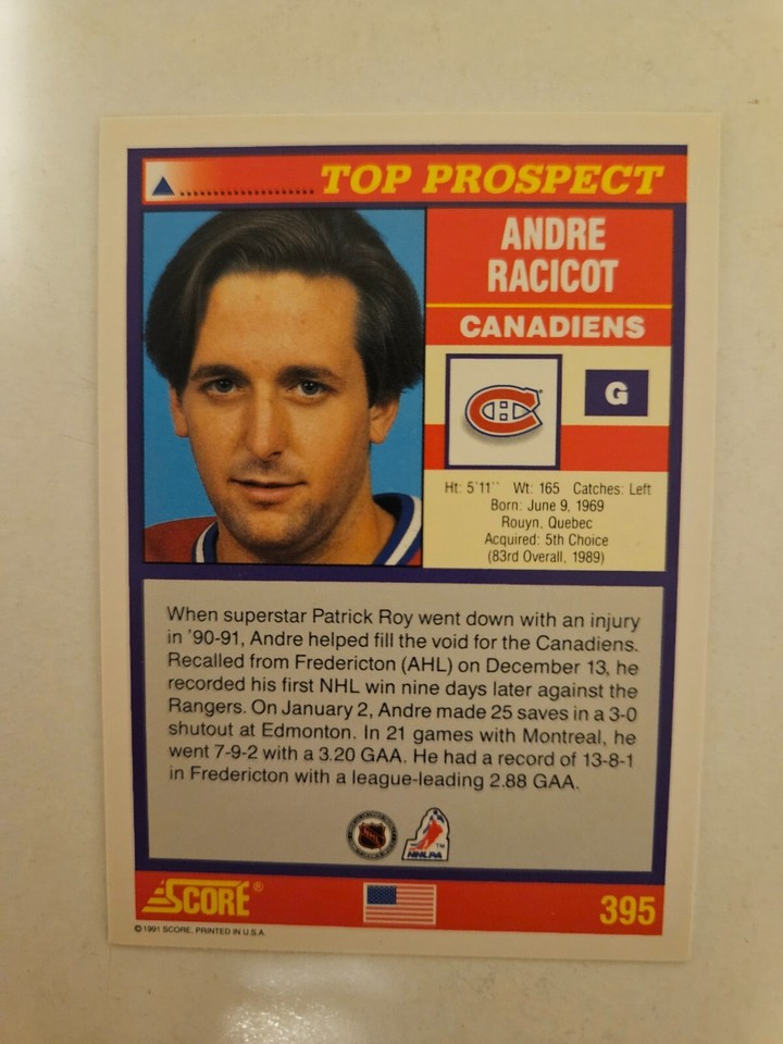 1991 Score "Top Prospects" #395 Andre Racicot!! | eBay
