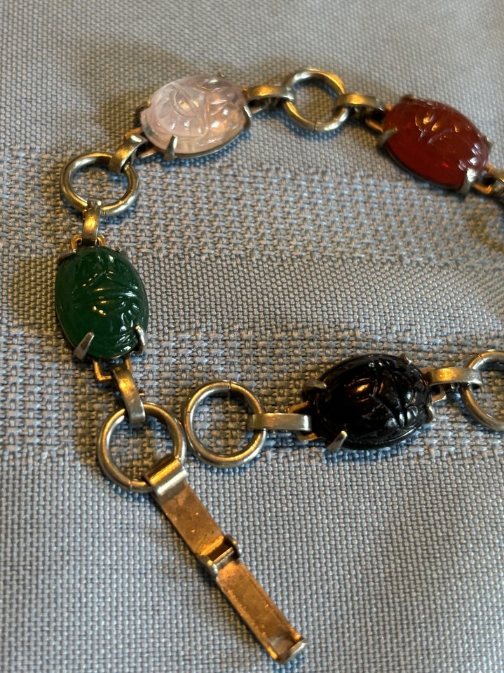 Charming Vintage Silver Tone Multi-Color Carved Scarab Stone Cabochon ...