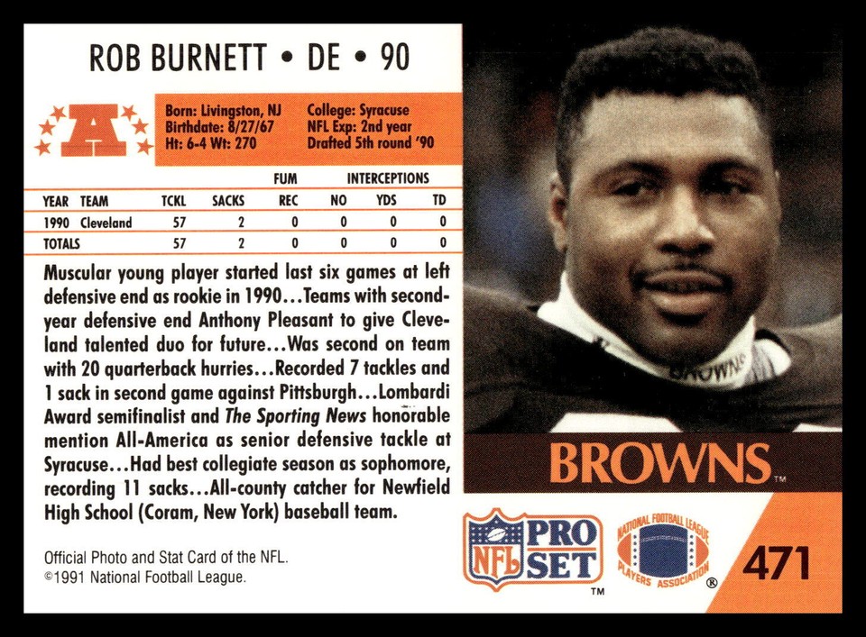 1991 Pro Set #471 Rob Burnett Cleveland Browns RC Football Card NM | eBay