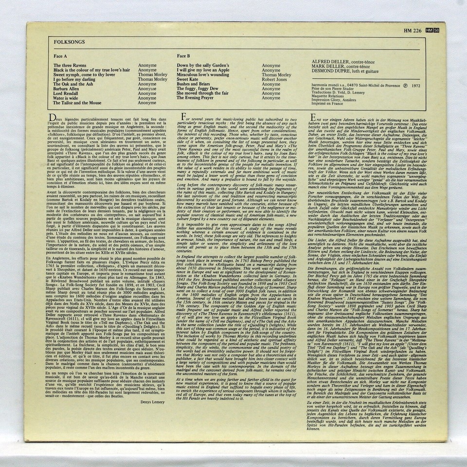 ALFRED DELLER * MARK DELLER * FOLK SONGS * HARMONIA MUNDI LP NM | eBay