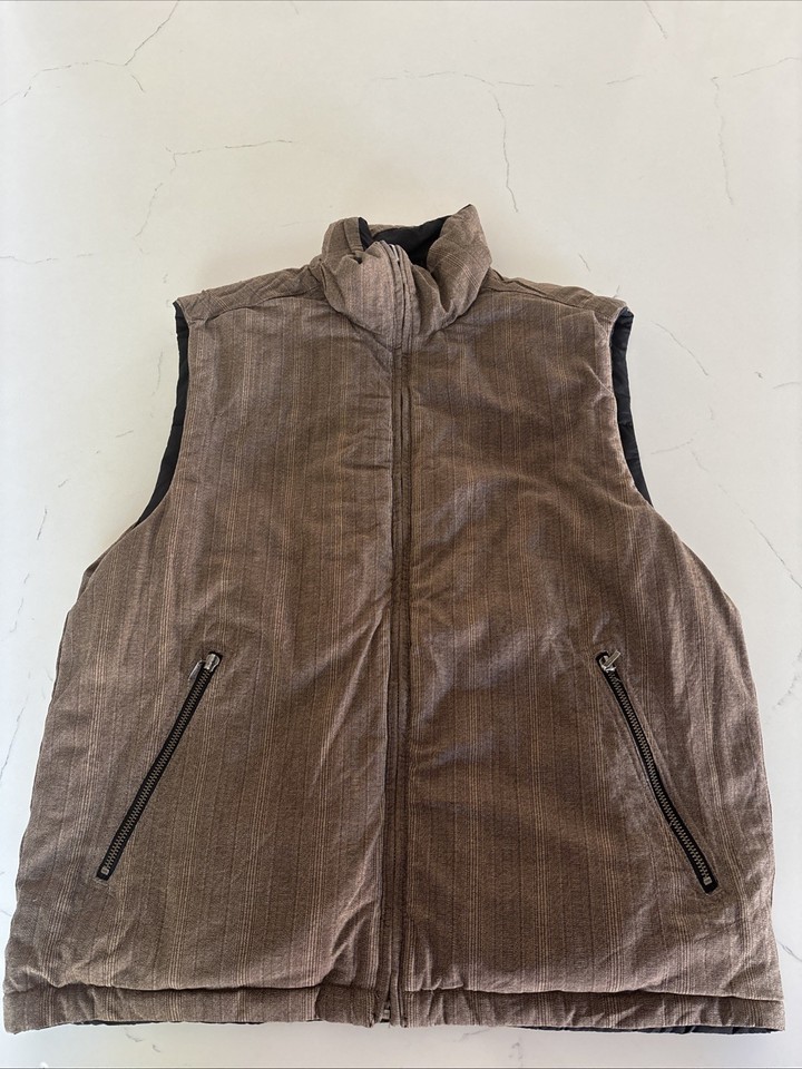 Eddie Bauer Mens Reversible Down Puffer Vest Black/ Brown Stripe Zip up ...