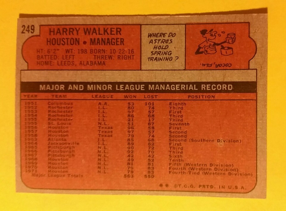 VINTAGE HARRY WALKER #249 HOUSTON ASTROS * 1972 TOPPS MLB BASEBALL | eBay